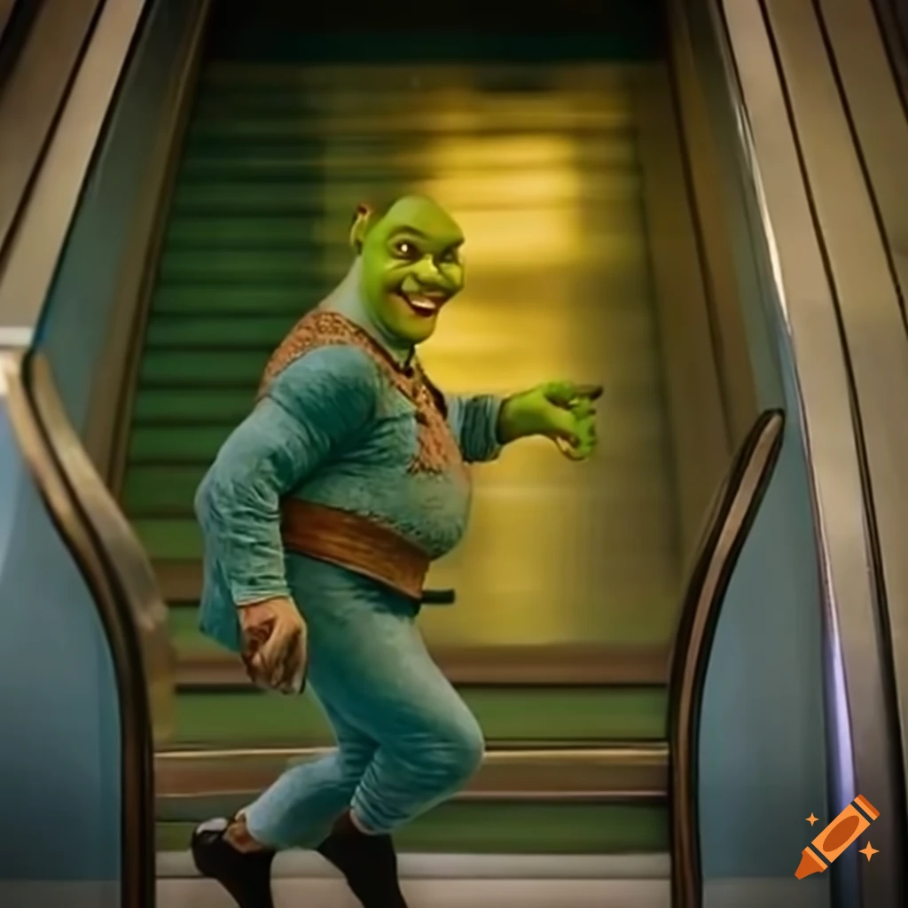 Shrek going up an escalator in the style of vincent van gogh on Craiyon