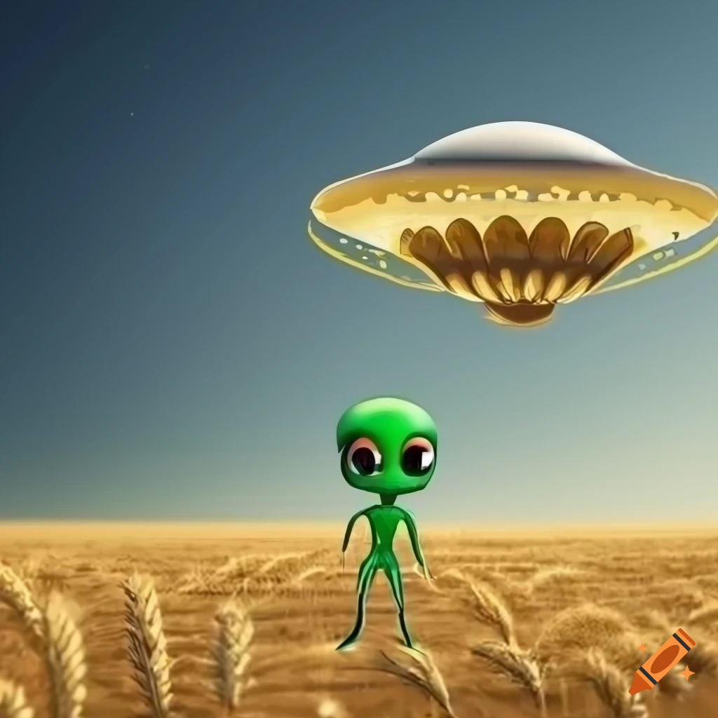 2D cartoon alien standing in a wheatfield with a dice shaped UFO in the ...