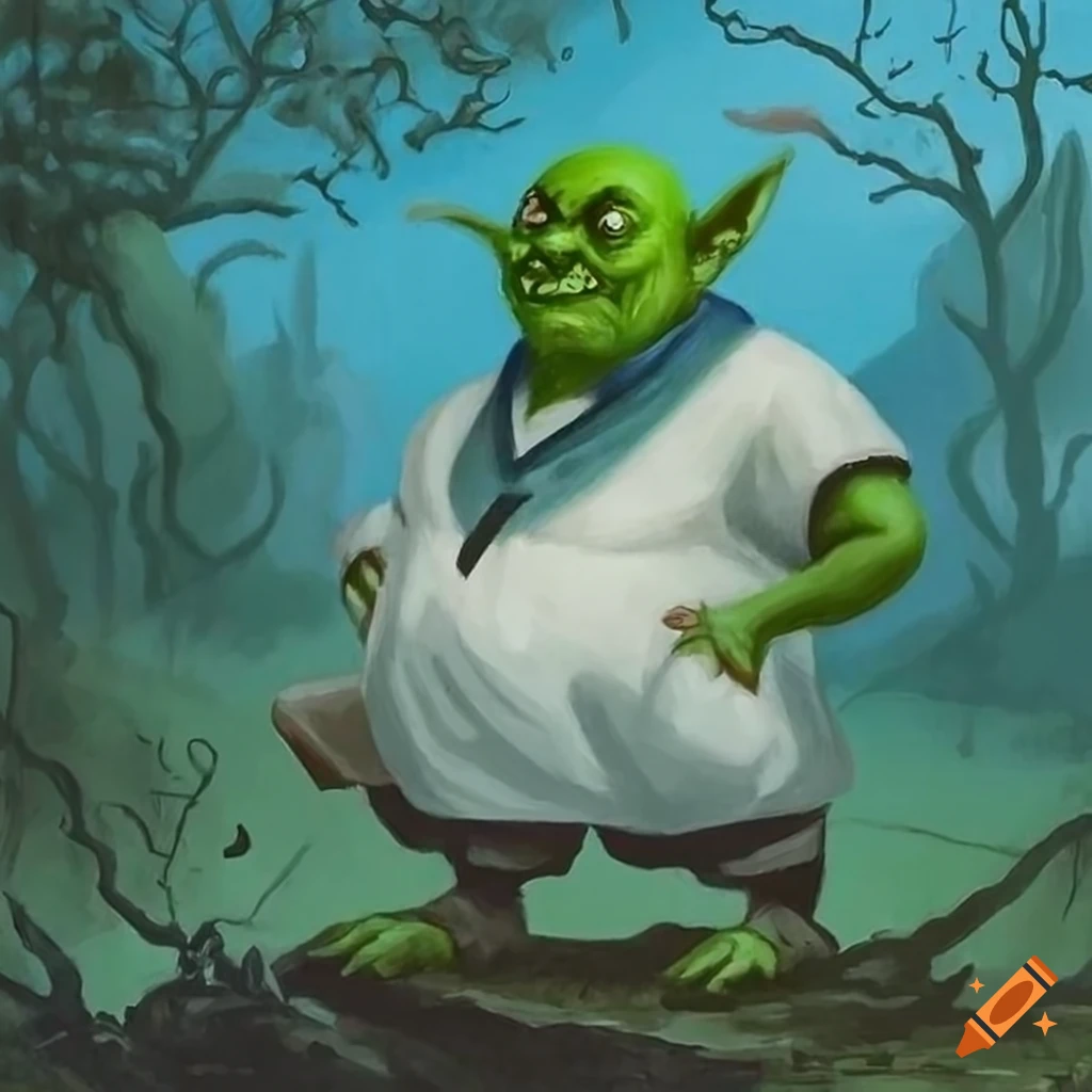 Fat bald green-skinned goblin wearing medieval white linen clothing ...