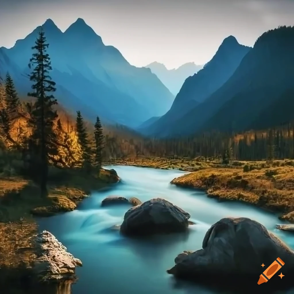 Paisaje de un valle con un rio en el medio, montañas a los lados y un ...