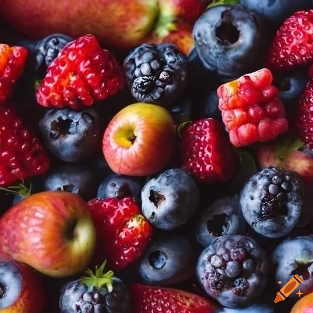 Strawberries raspberries blueberries apple banana blackberries mango on ...