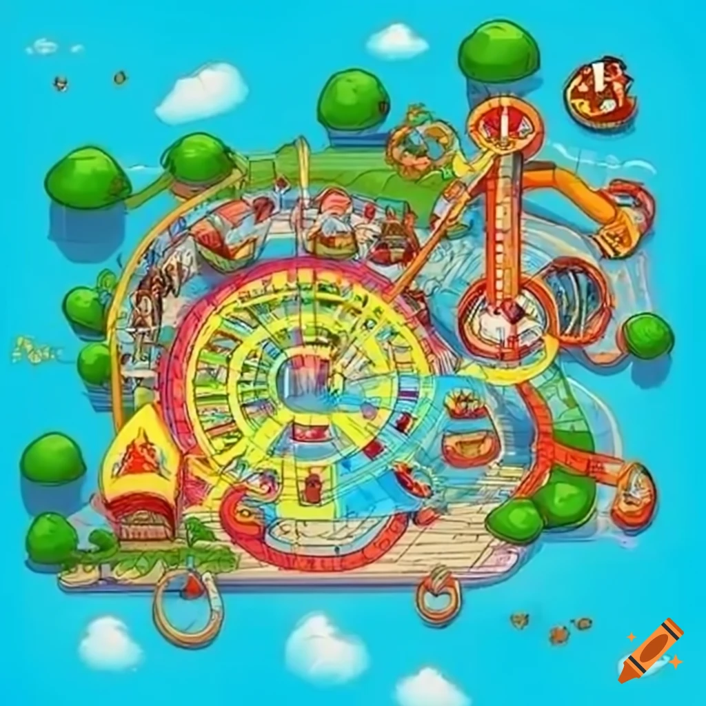 Comic style floor map of an amusement park with 4 attractions: water ...