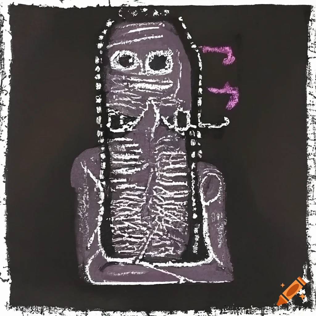 Pixeled machine, chalk drawing in style of art brut