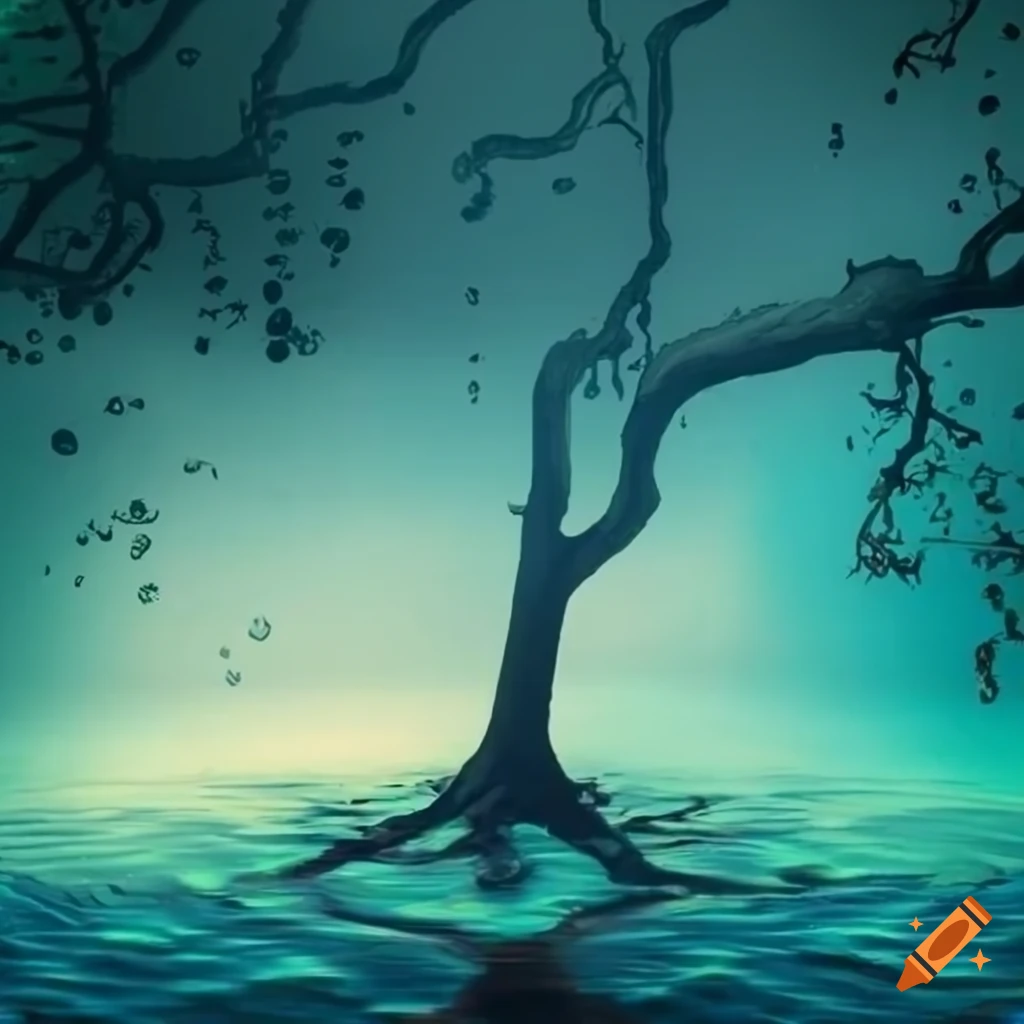 A void with a floor of crystalline water and in the background a tree