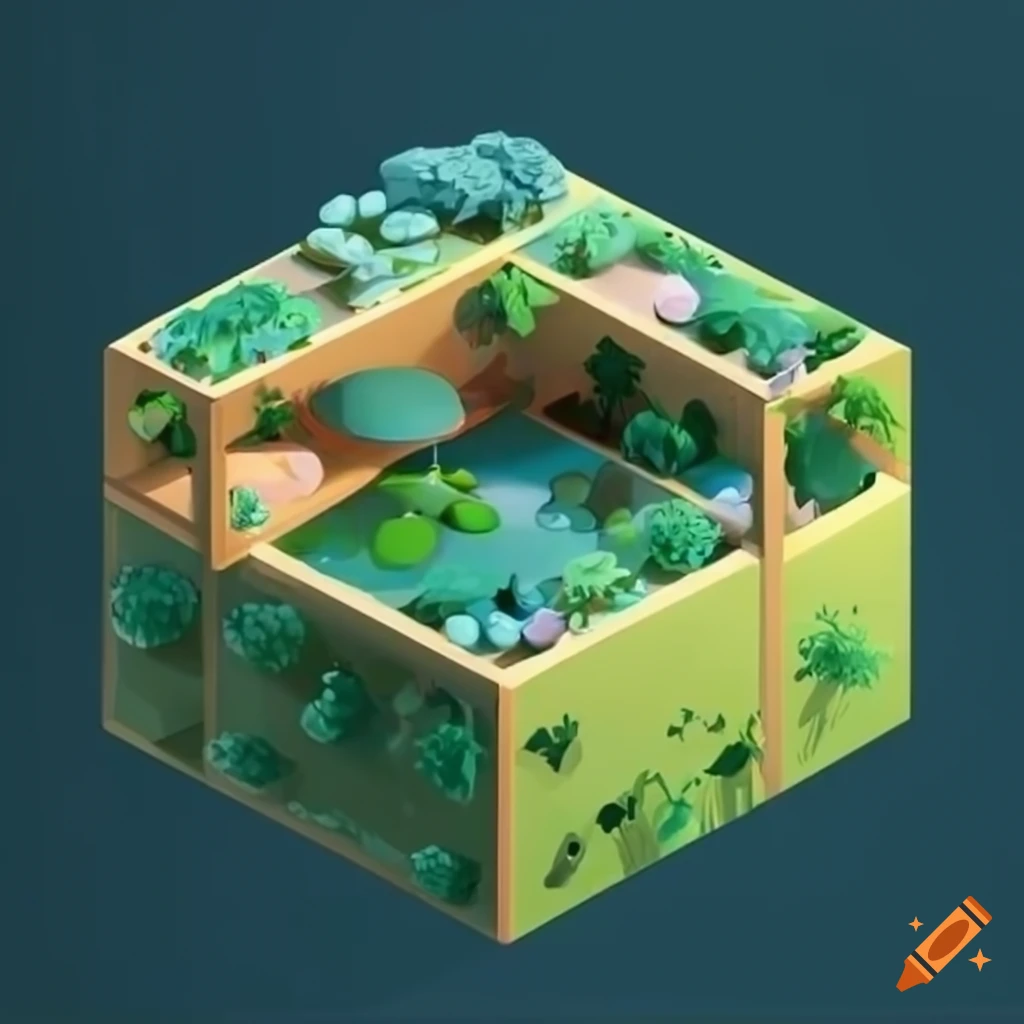 A soothing isometric room cube with water garden on Craiyon