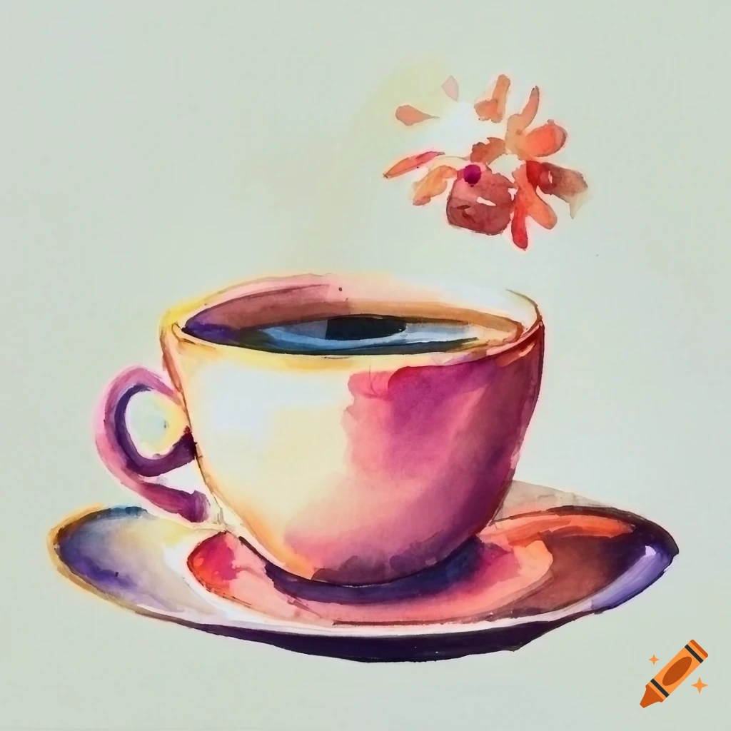 A cup of coffee and flowers,watercolors painting style