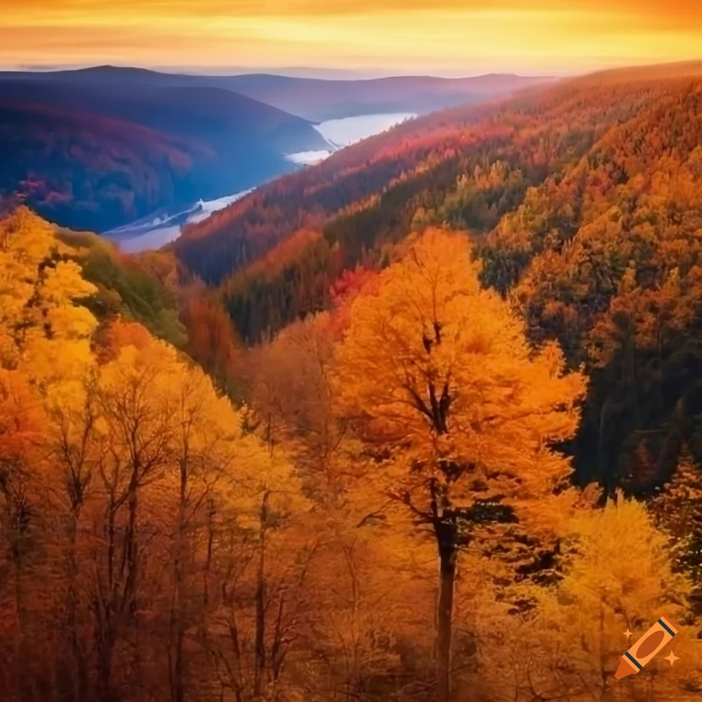 Autumn trees near creek in a valley sunrise high definition on Craiyon