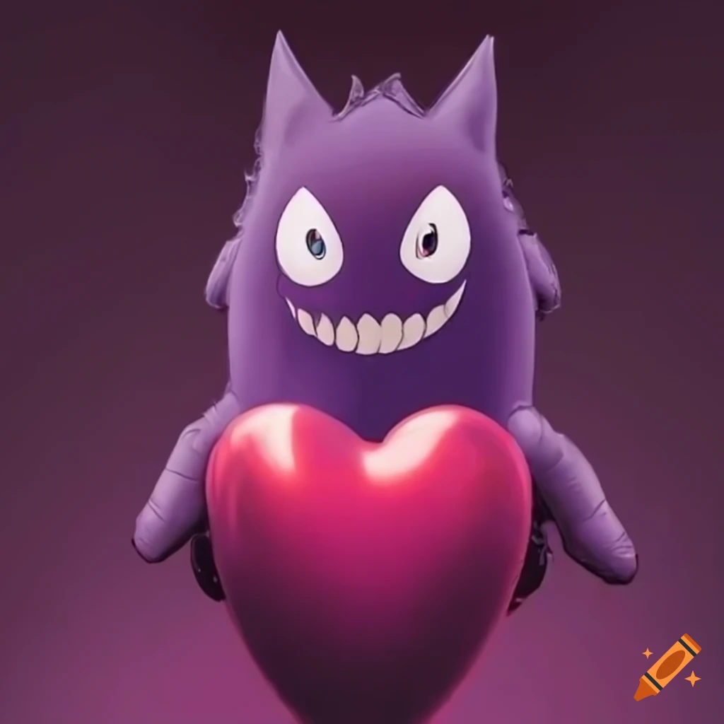 Gengar holding a heart-shaped balloon in a dreamy background on Craiyon