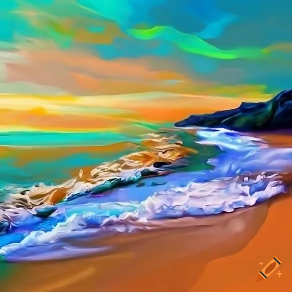 Vibrant waves crash against a sandy coast, maba studio's signature style