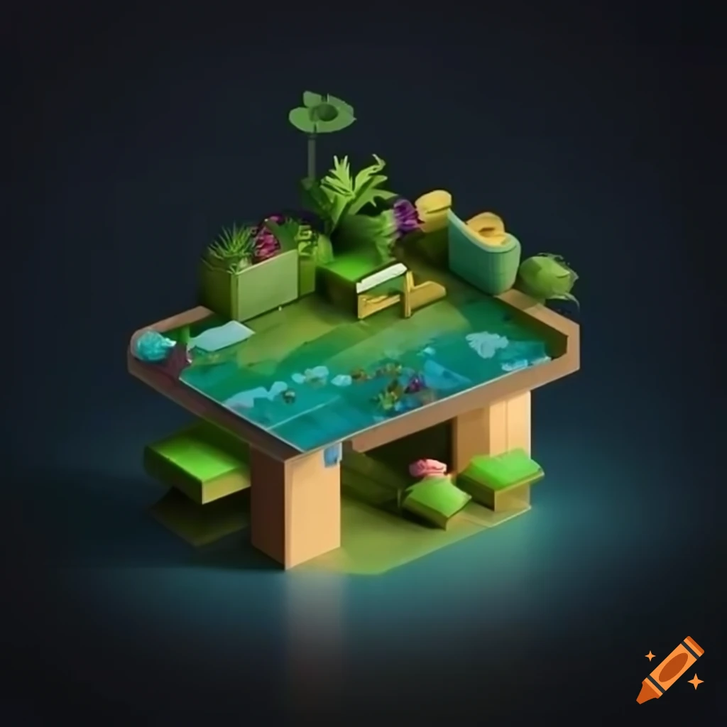 A soothing isometric room cube with water garden on Craiyon
