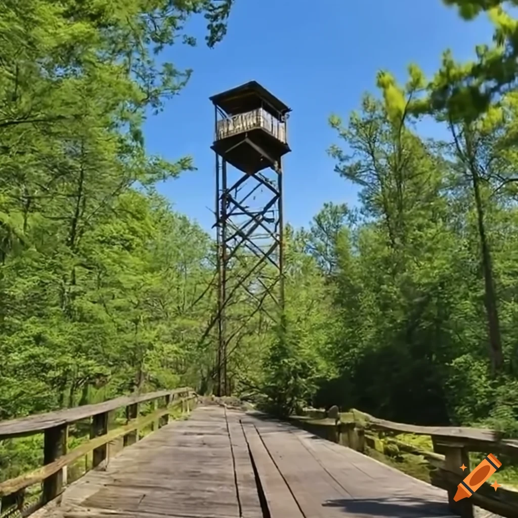 Real life, a national forest park, with a wooden watchtower, connected ...