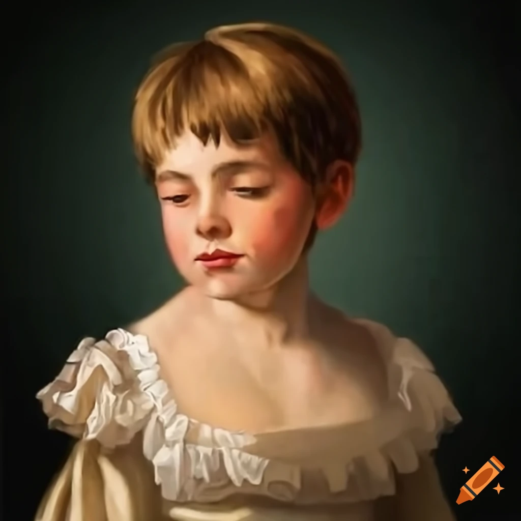 A boy wearing an 1800's dress with ruffles who is crying
