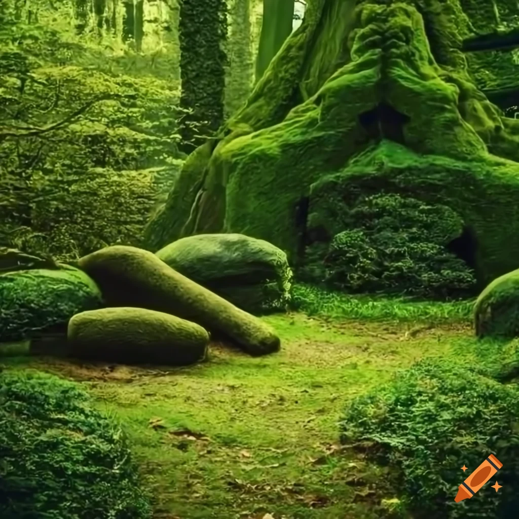 Create the photo of a small, cozy place in the middle of a large, green ...