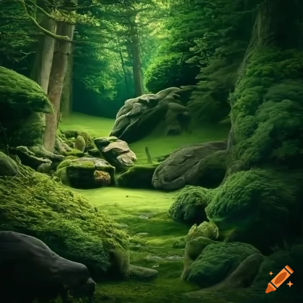 Create the photo of a small, cozy place in the middle of a large, green ...