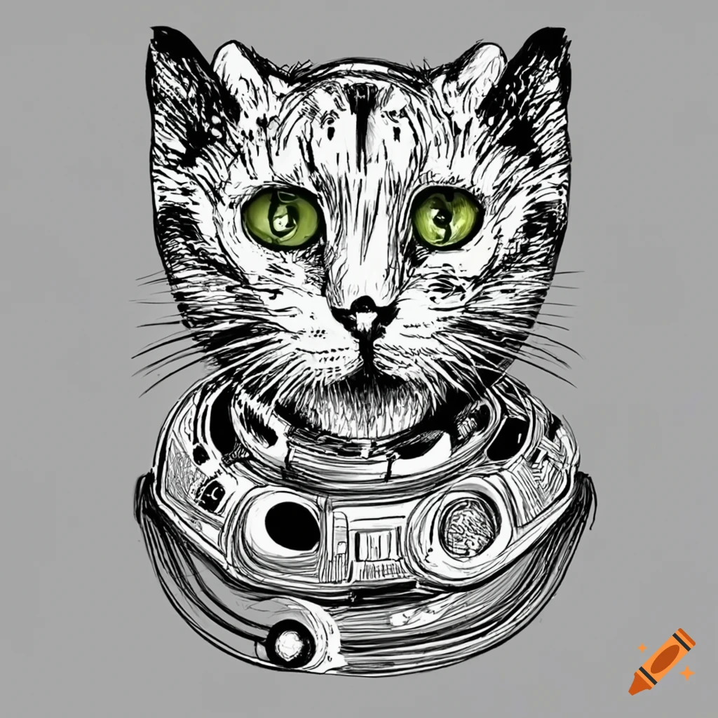 Draw a cyborg black and white cat looking to the world