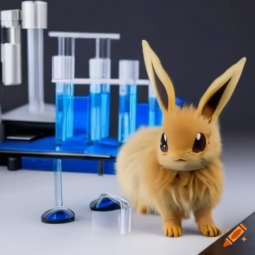 High quality eevee on a scientist desk with blue liquid in test tubes ...
