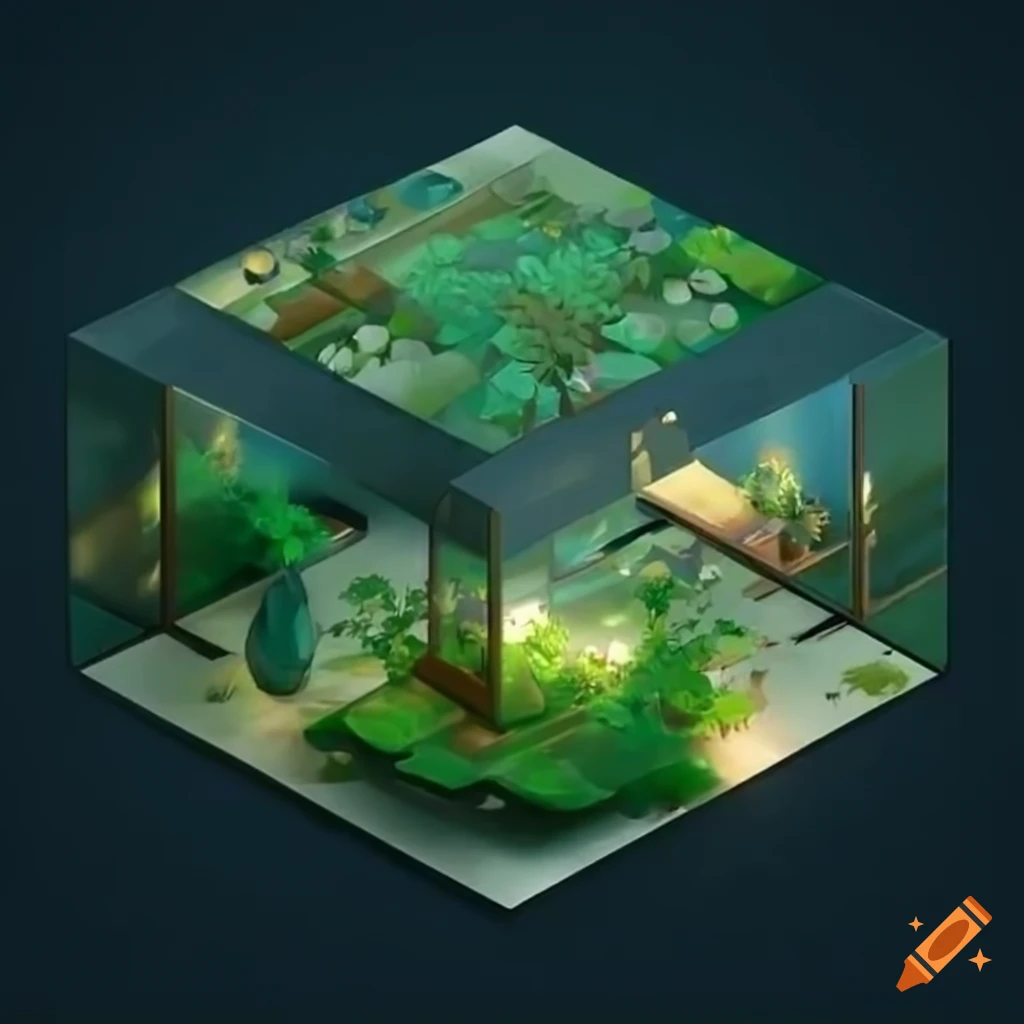A soothing isometric room cube with water garden