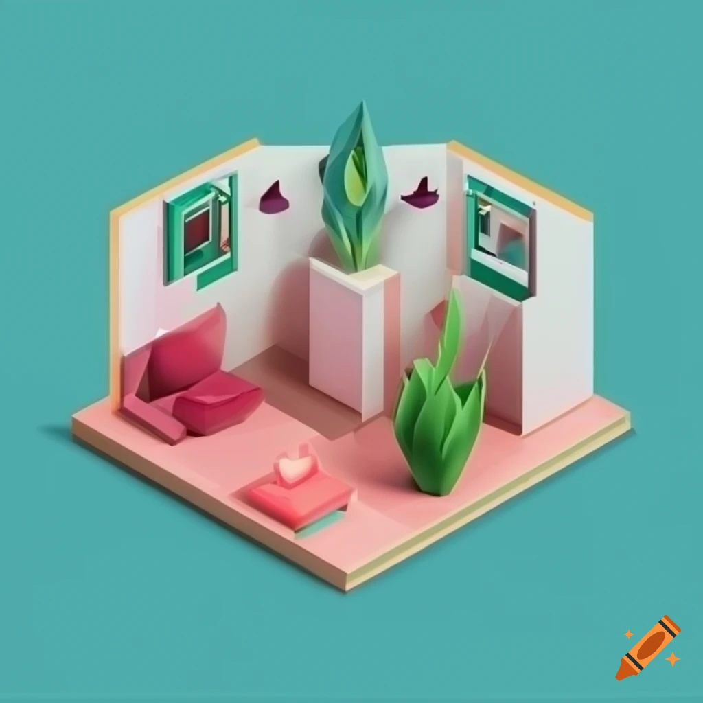 Isometric cube room with tulips