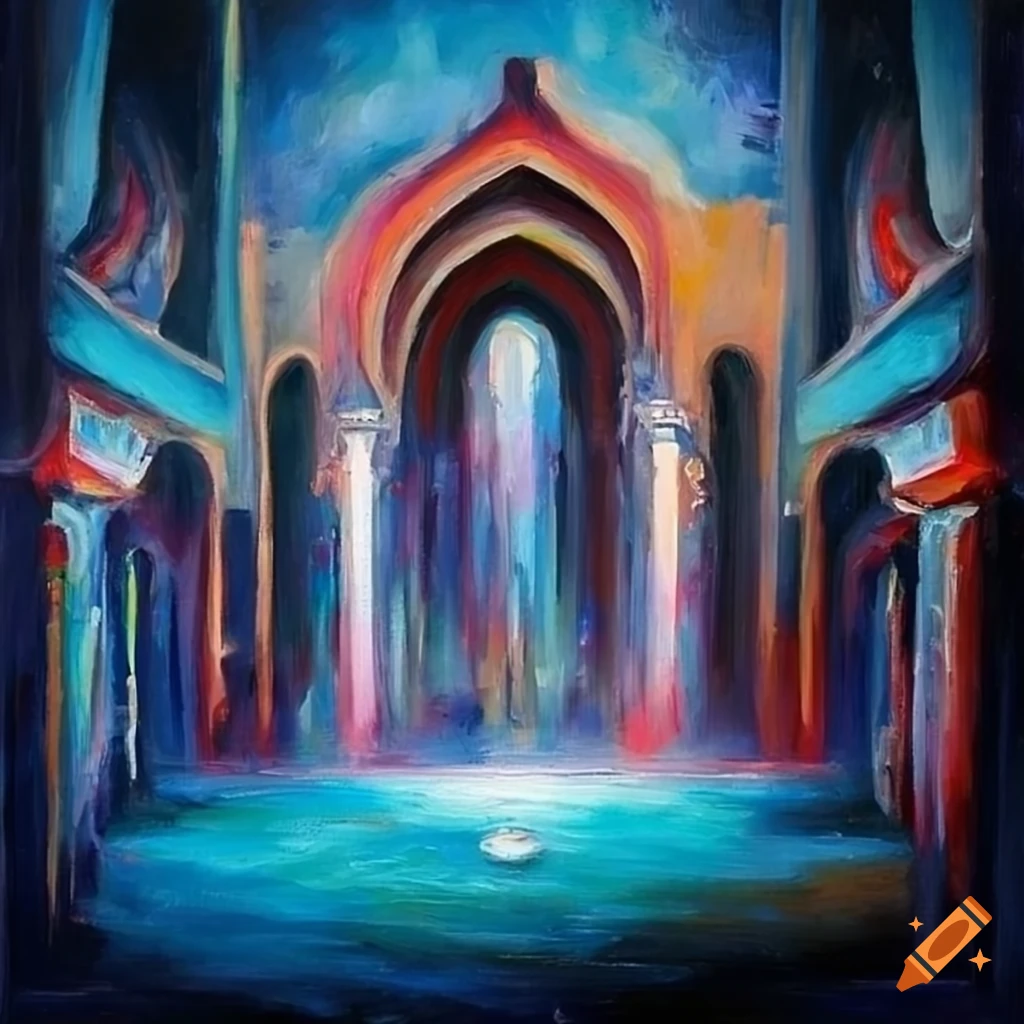 Abstract detailed masonic scene from a space temple in an oil painting way