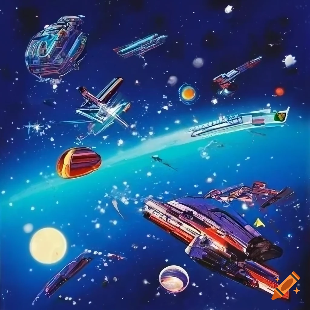 Sci fi 90s anime art poster space opera, space, spaceships, planets ...