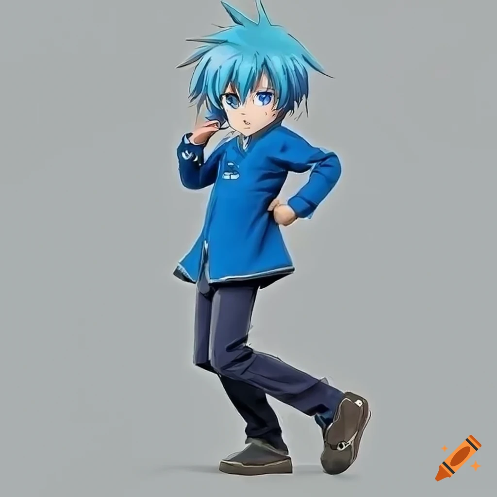 Full body portrait of a blue haired anime kid