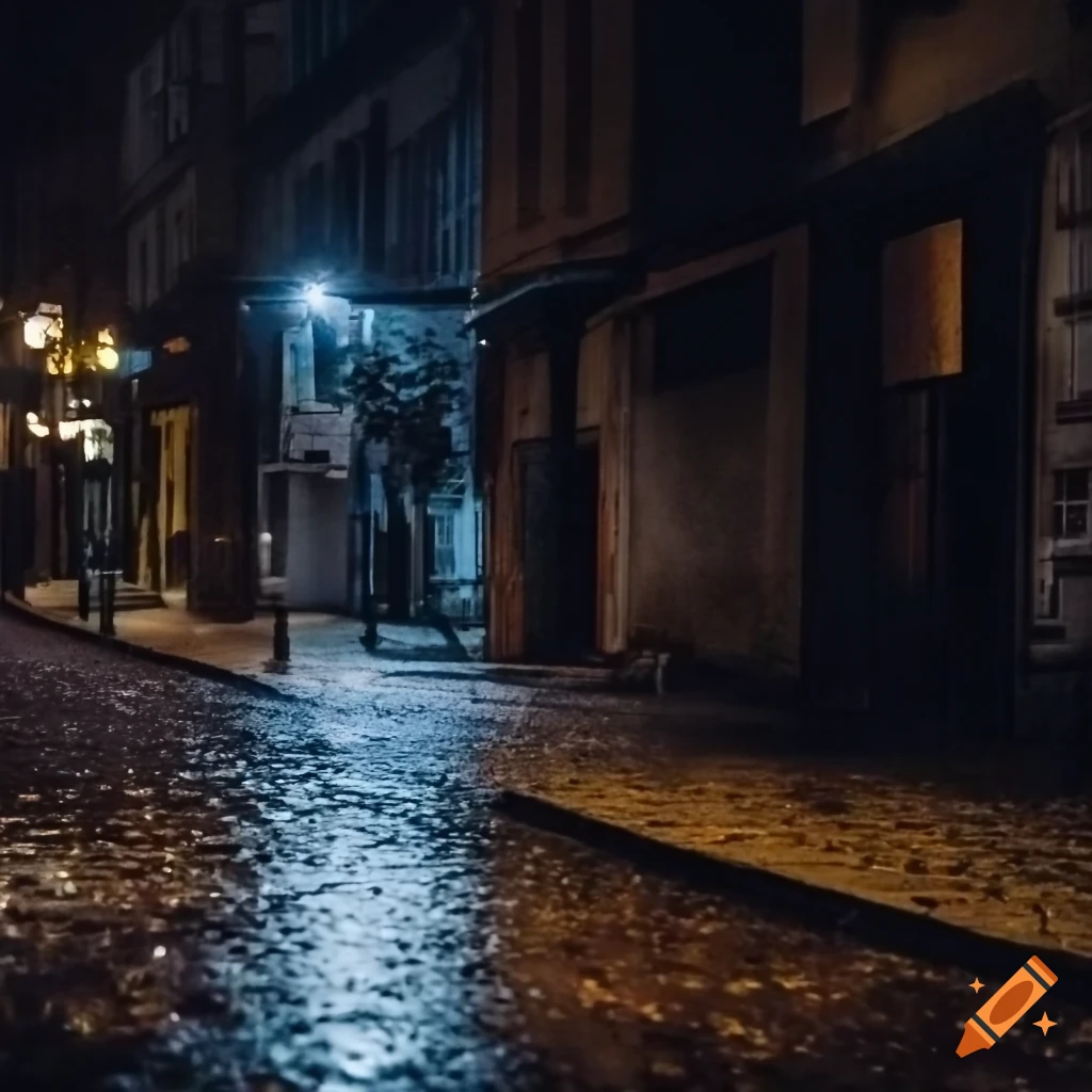 Night, streets after rain, town, streetlights, mysterious, ominous ...
