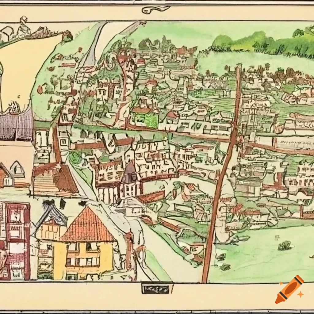 Draw the village evessen as a map on Craiyon