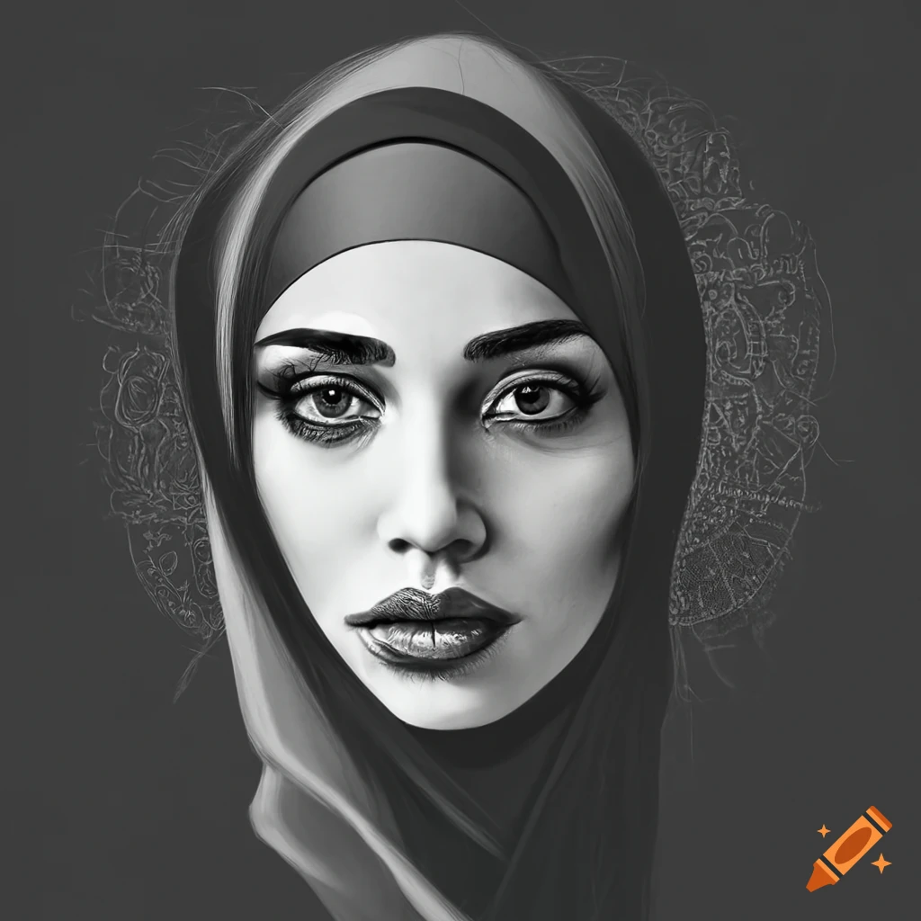 Rostro de mujer árabe en tonos monocromáticos (blancos, negros, grises) al estilo de rostros de ...