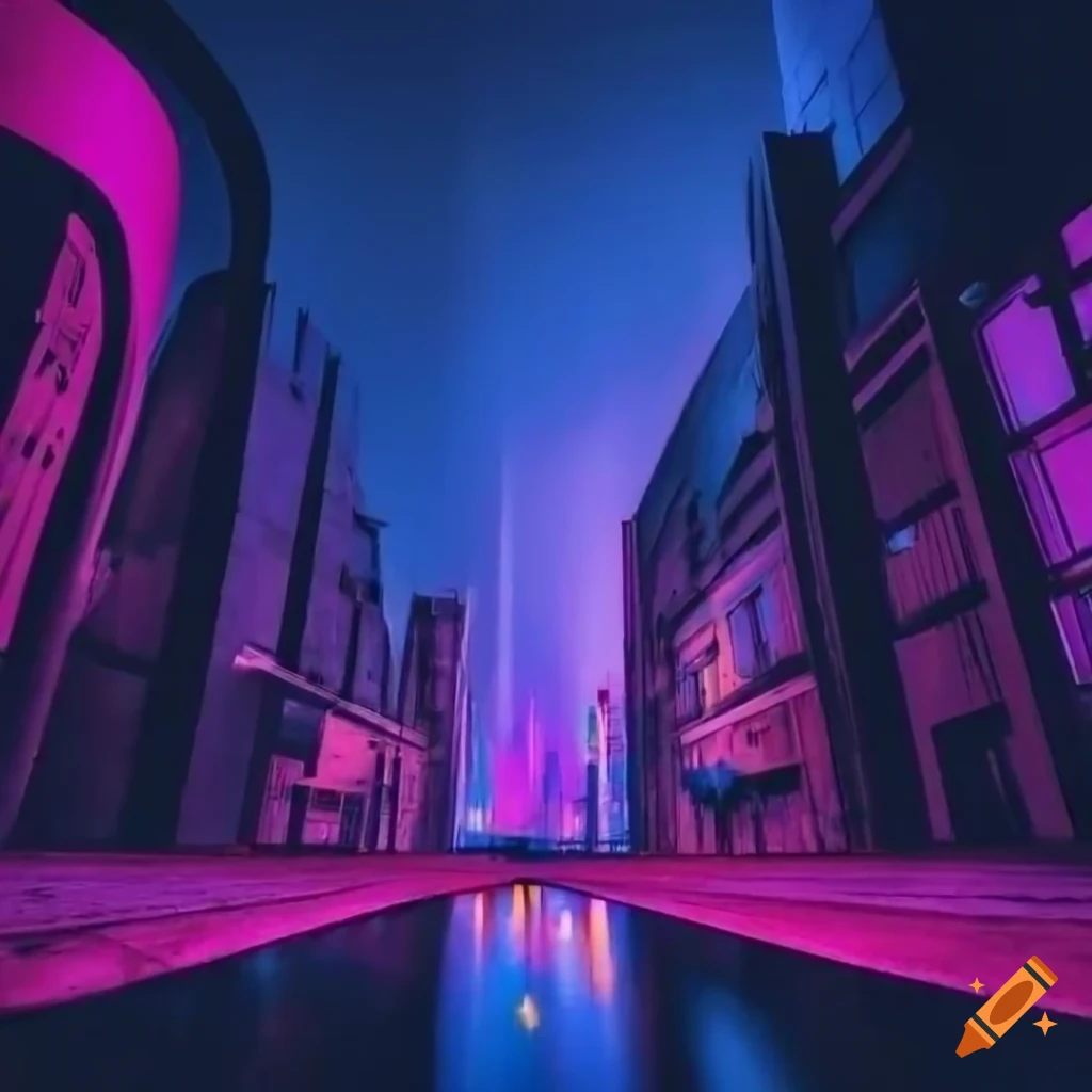 Expansive retrowave city night time, brutalist structures