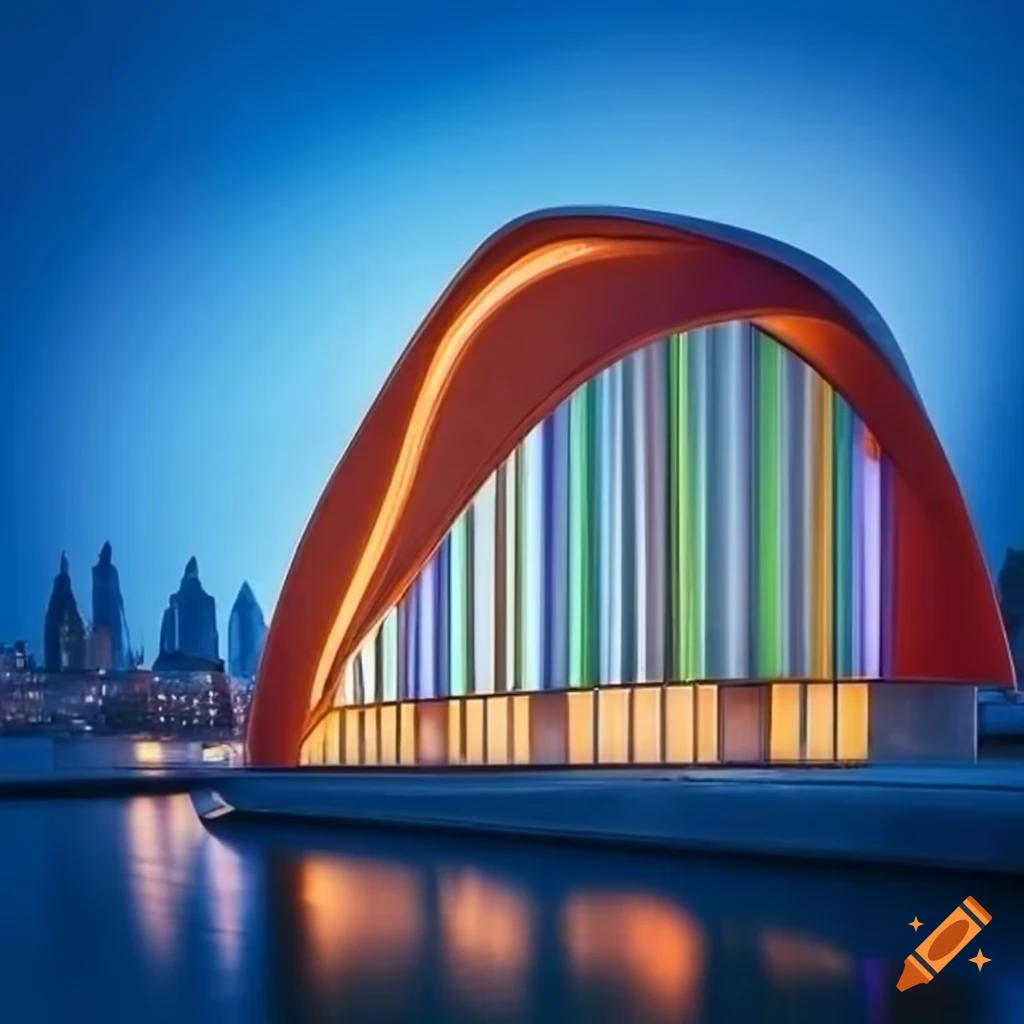 Riverside futuristic cafe made of colored glass, sculptural fabric ...