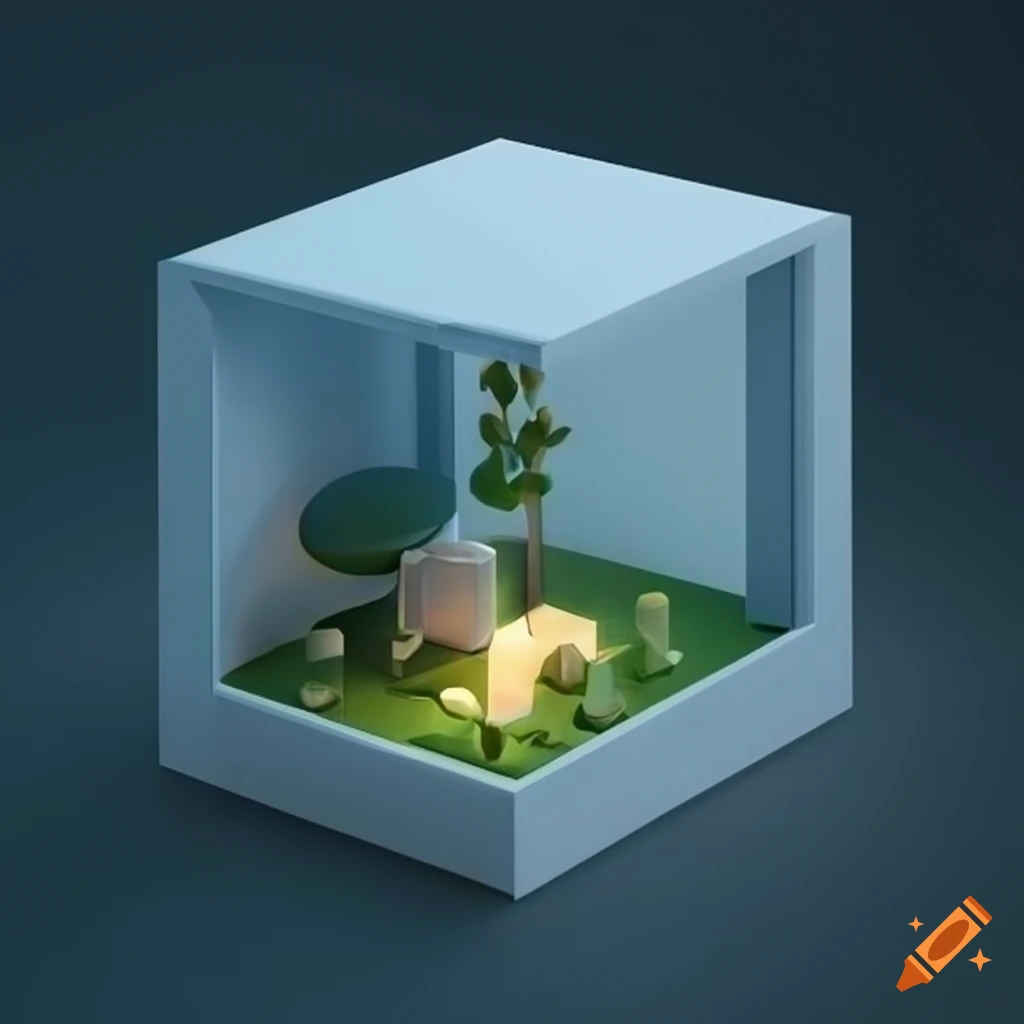 A soothing isometric room cube inspired by hydrangeas on Craiyon