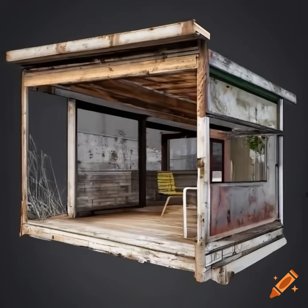 3d render abandoned bus stop converted into tiny house with sliding door