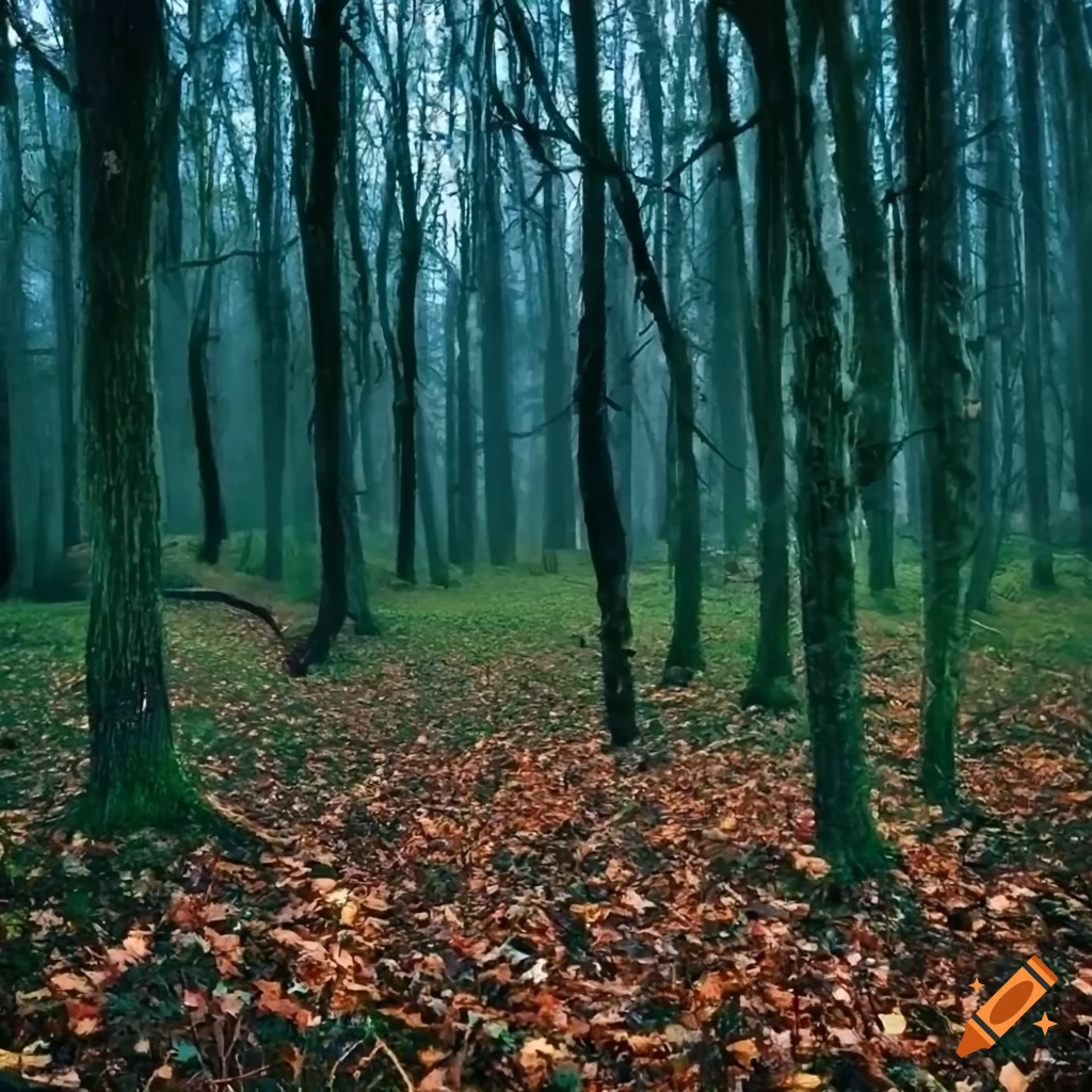Forest with a clearing. Leaves falling. Realistic colors on Craiyon