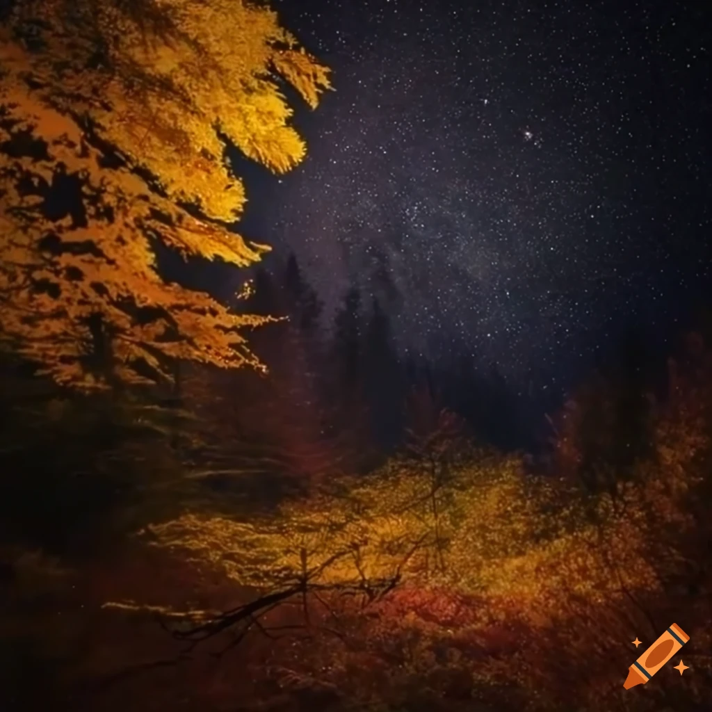 An autumn forest at night with fireflies and a starry sky on Craiyon