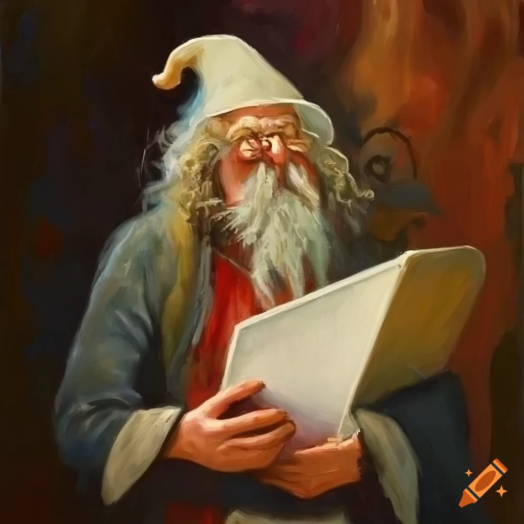 Jolly, laughing wizard with a laptop. oil painting on Craiyon
