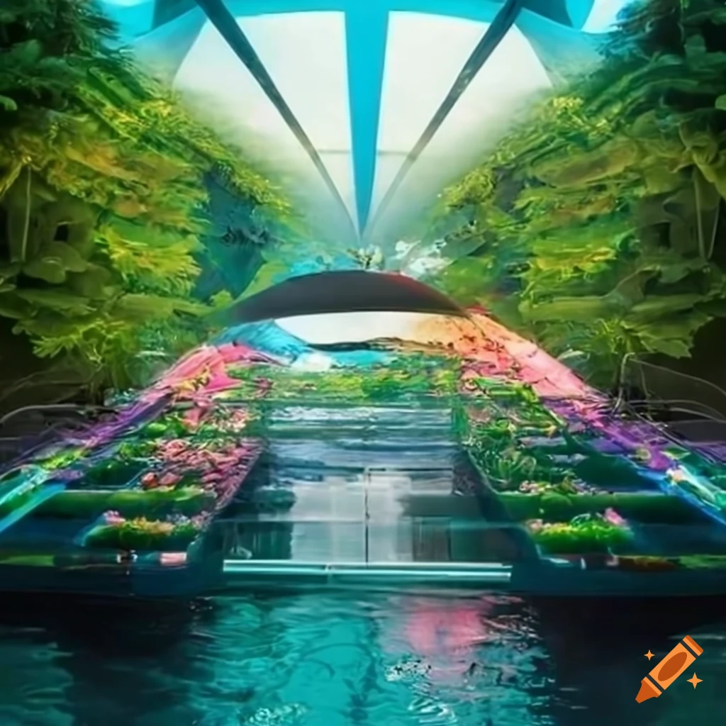 Futuristic floating platform with colored glass food stall and ...