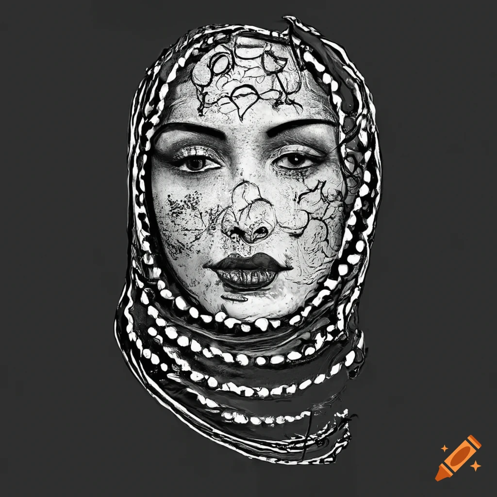 Rostro de mujer árabe en tonos monocromáticos (blancos, negros, grises) al estilo de rostros de ...