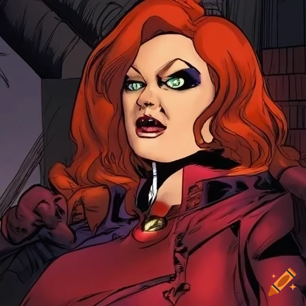 Comic book villain called baron. female with red hair