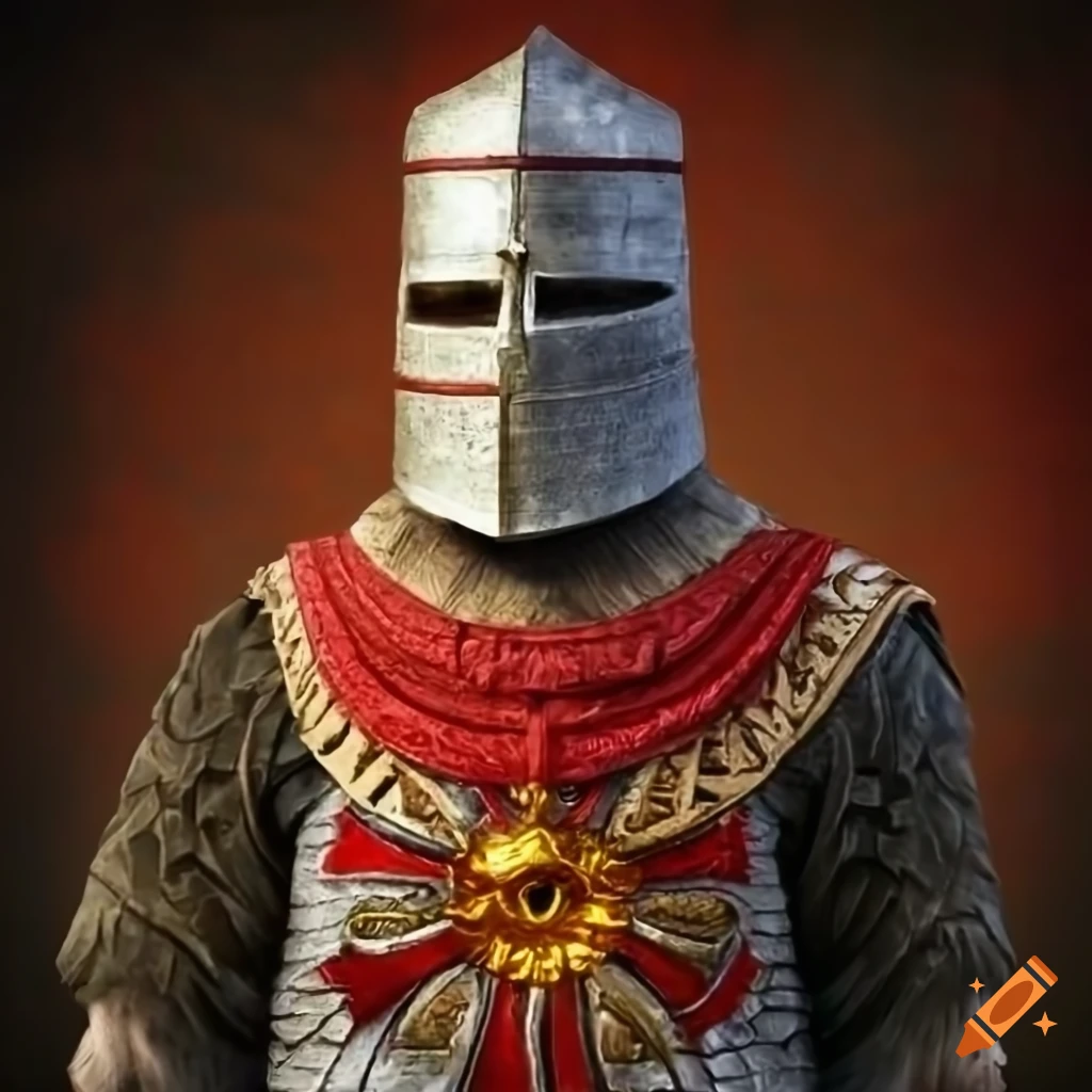 Solaire of astora, hyper realistic, heaume, red feather, sun insignia ...