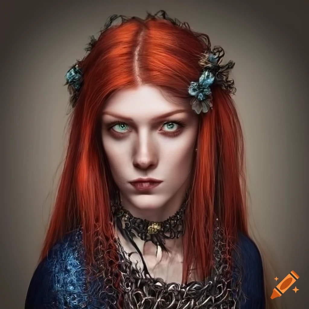 A portrait of a female firbolg, long red hair with intwined metal and ...