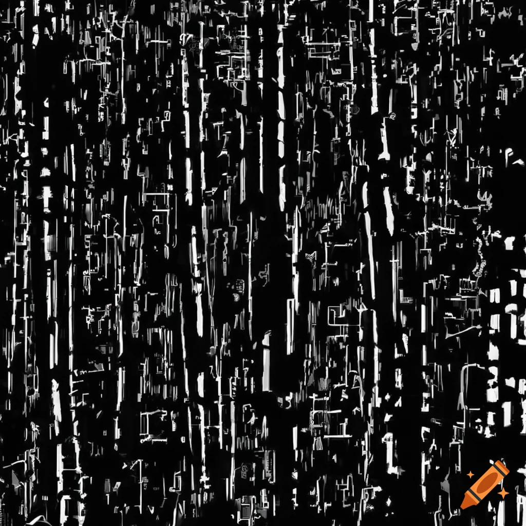 White digital code printed by tree's silhouettes on a black background ...