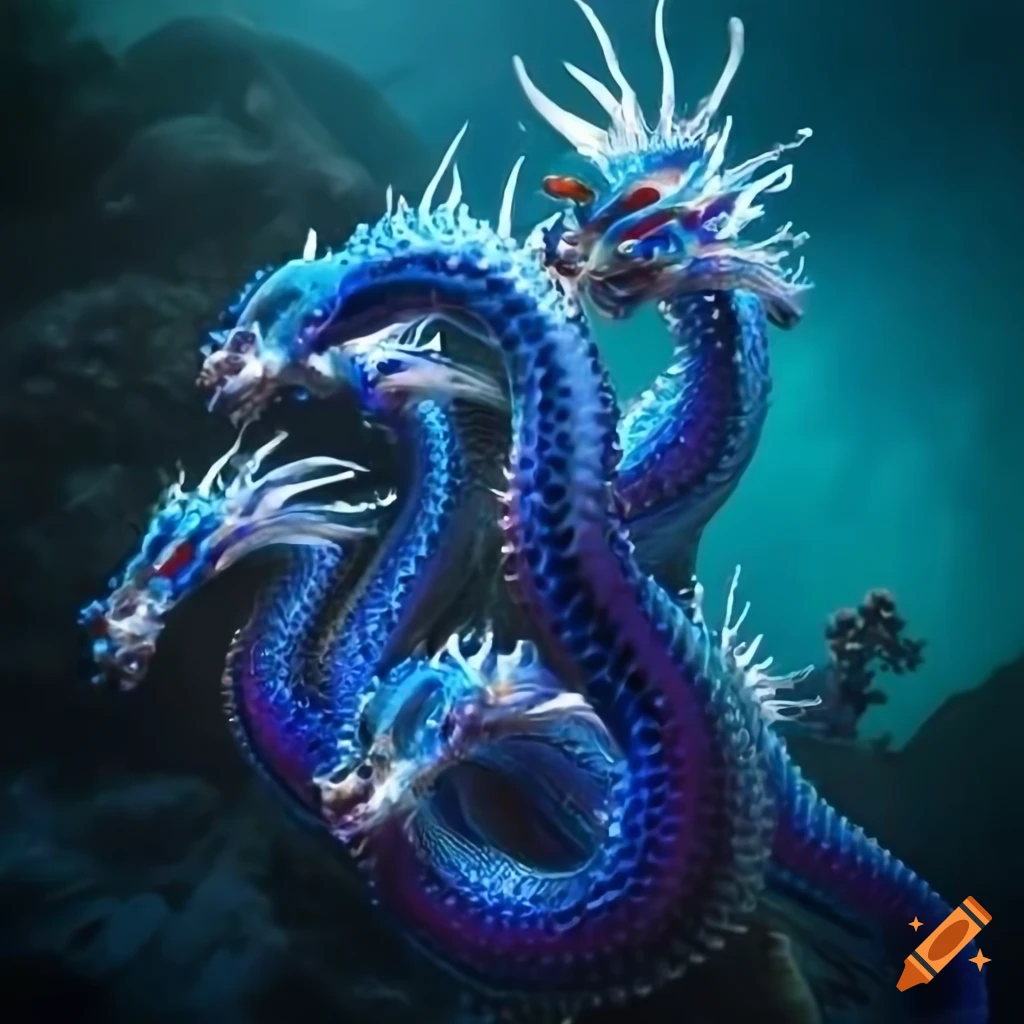 Royal blue and silver hydra with nine heads and glowing red eyes ...