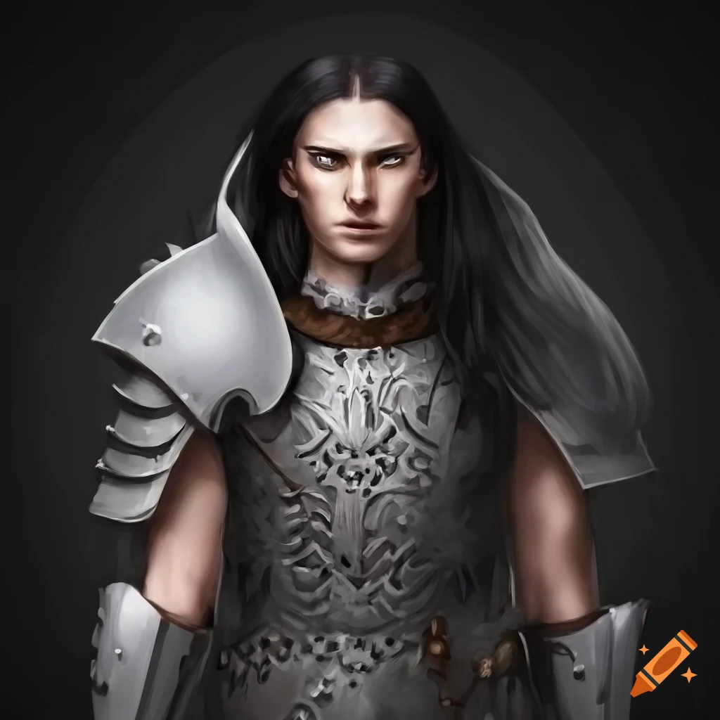 A portrait of a human warrior with long black hair in a gray armor with ...