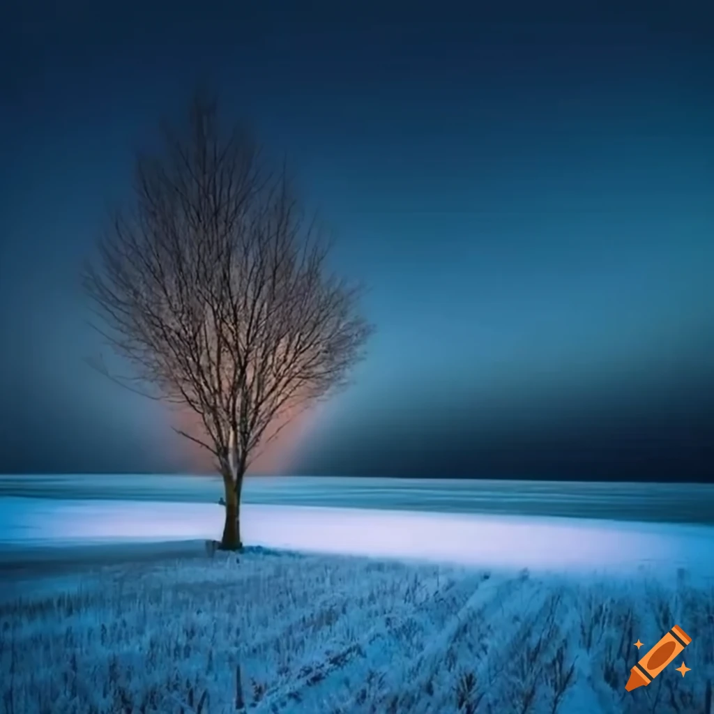 A bright streak of light hitting a tree in a snowy field at night