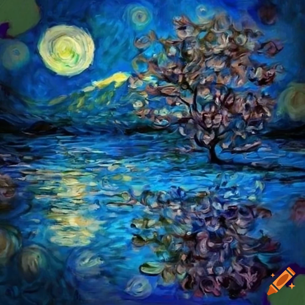 A magnolia tree in blossom with pond In lotus flowers, mountains behind ...