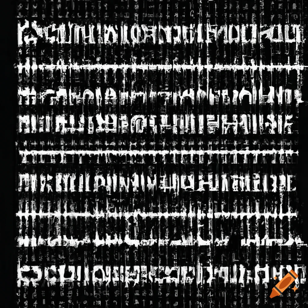 White bar-code-like hieroglyphs code on a black background, sharp ...