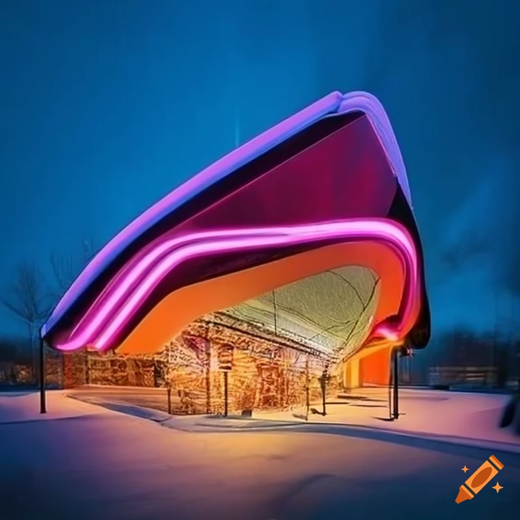 Riverside futuristic cafe made of colored glass, sculptural fabric ...