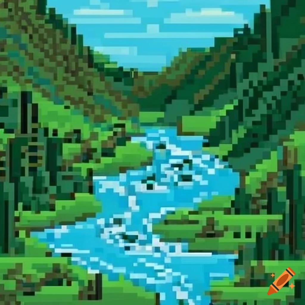 Flowing river though green mountains pixel art
