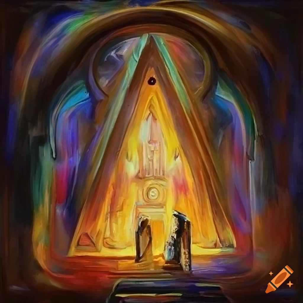 Abstract detailed masonic scene from a space temple in an oil painting ...