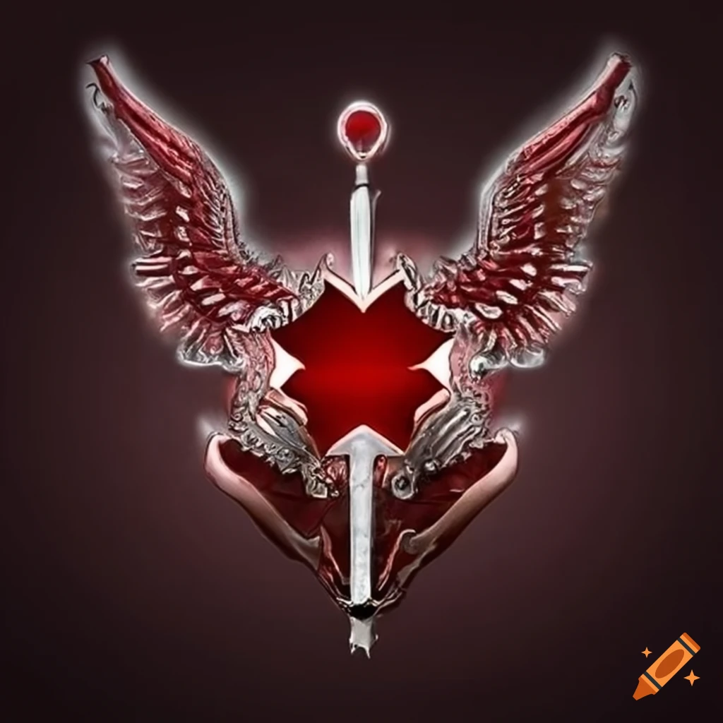 Simetric metallic crimson stell badge with sword and wings